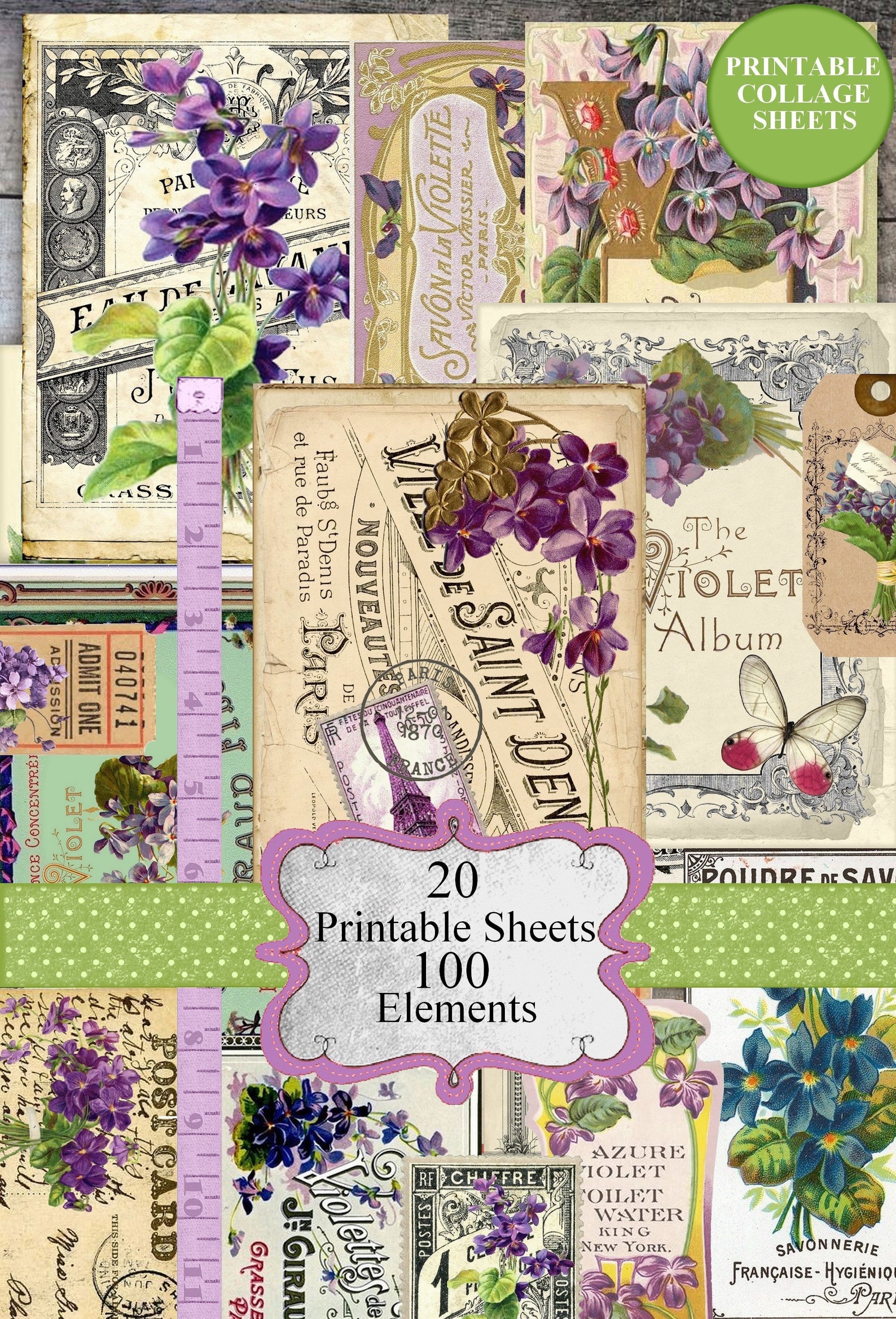 Violets Junk Journal Kit Printable Paper Digital Kit Ephemera Flowers ...