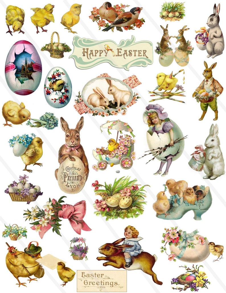 Easter Clip Art Vintage Clipart Bunny Easter Eggs Chick Easter | Etsy