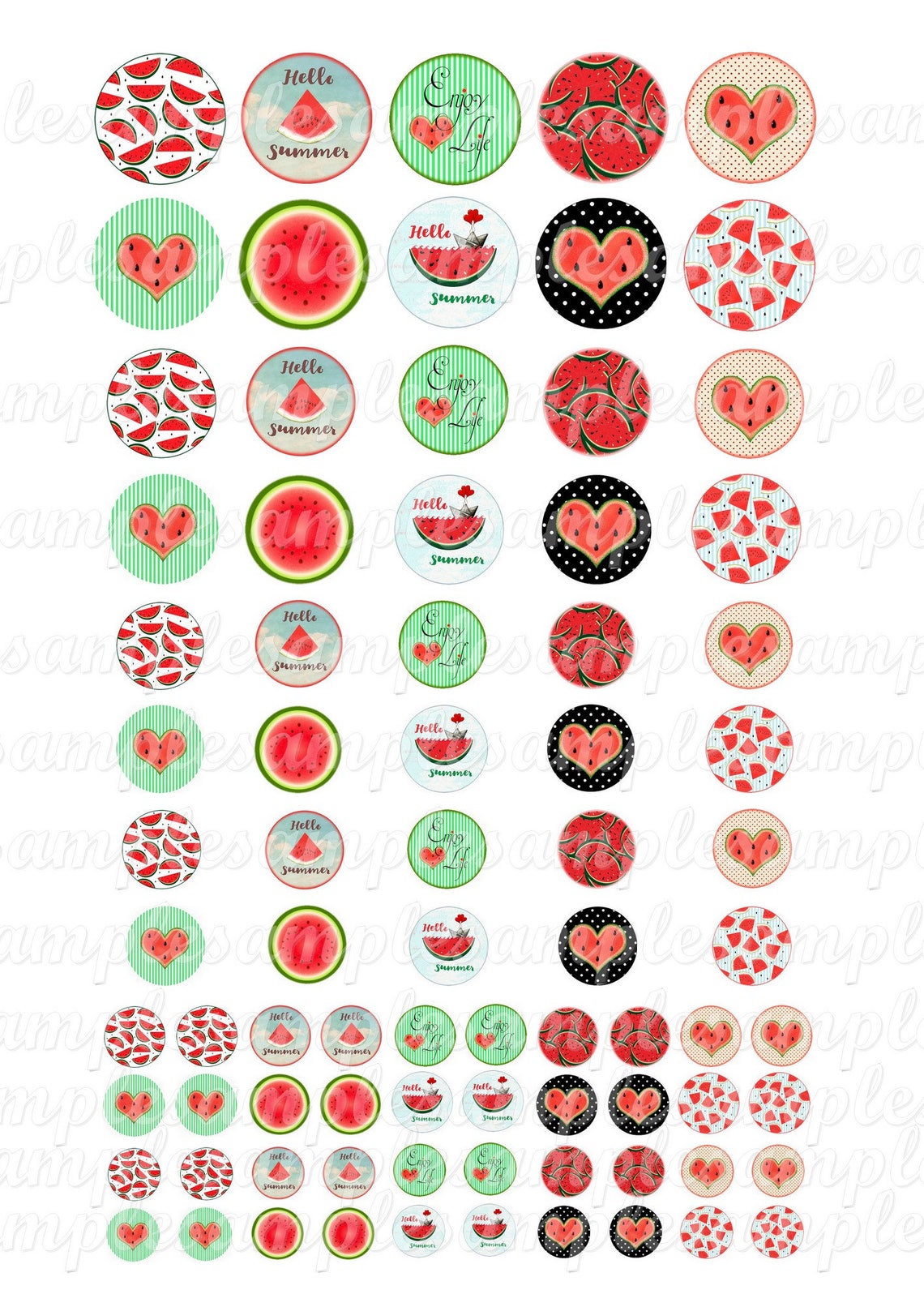 Digital collage sheet circles watermelon summer printable | Etsy