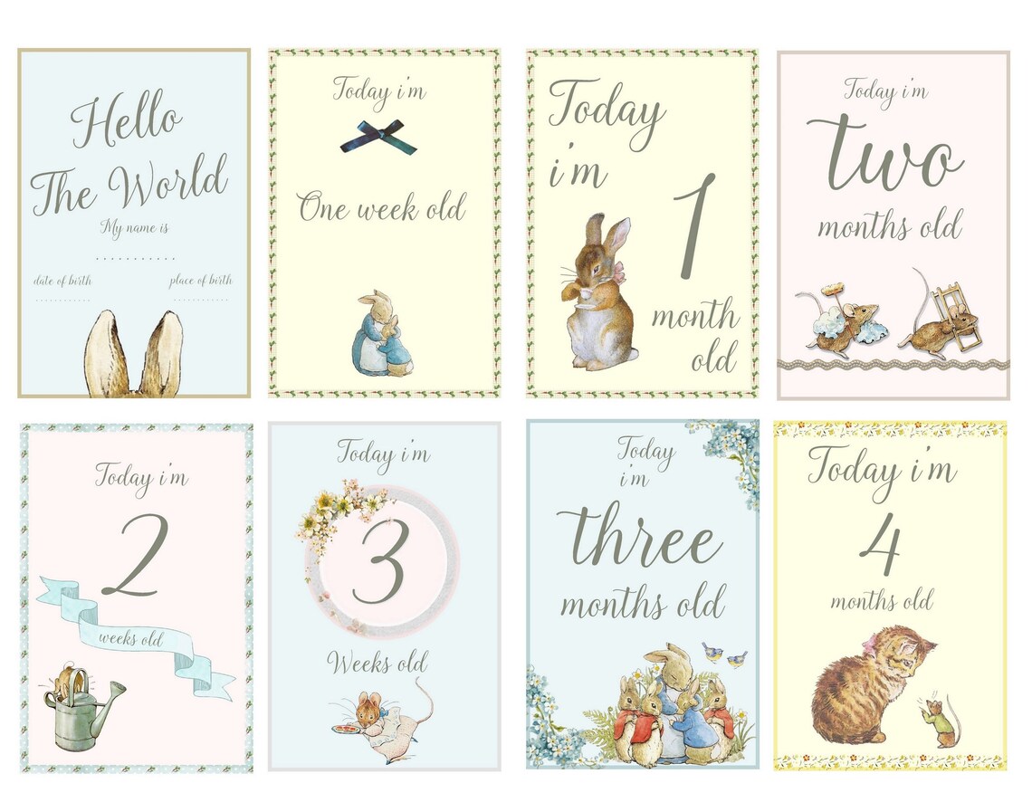 Peter Rabbit Baby Milestone Cards, Printable Baby Steps Cards Milestone ...
