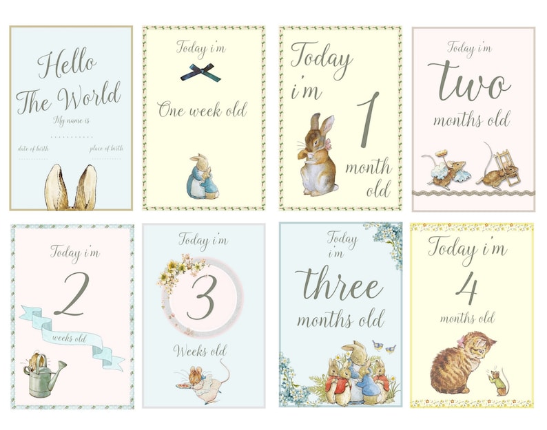 Peter Rabbit Baby Milestone Cards, Printable Baby Steps Cards Milestone ...