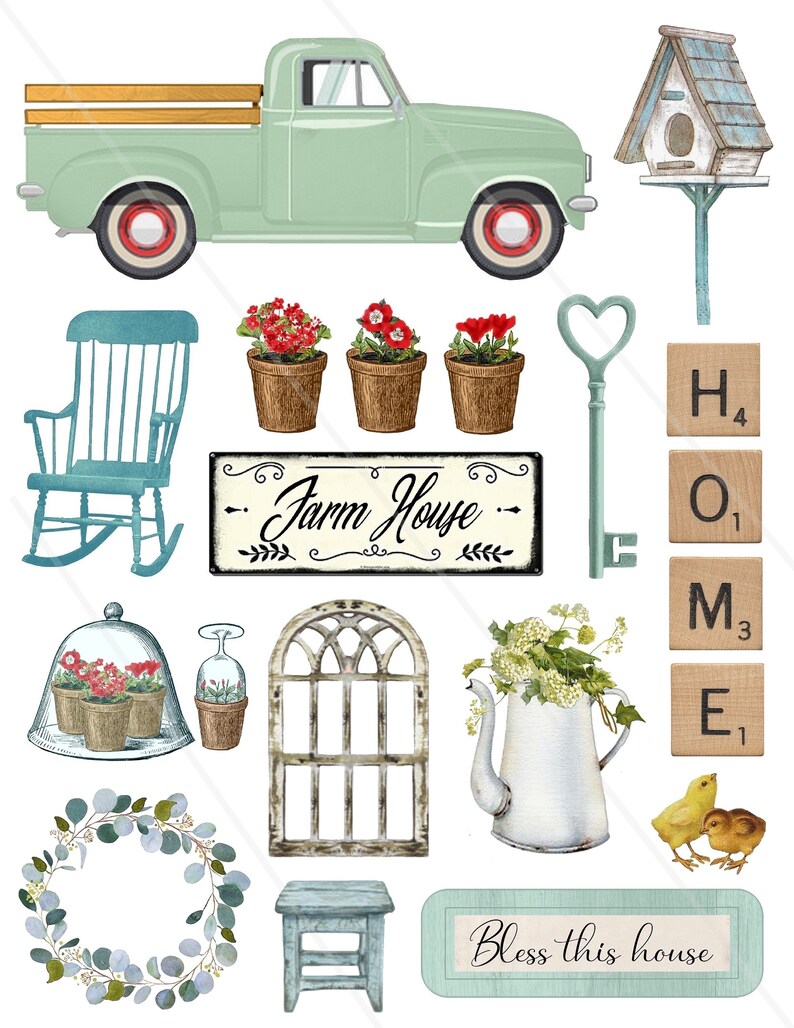 Vintage Farmhouse Decor Clipart - Digital Collage Sheets, Country and ...