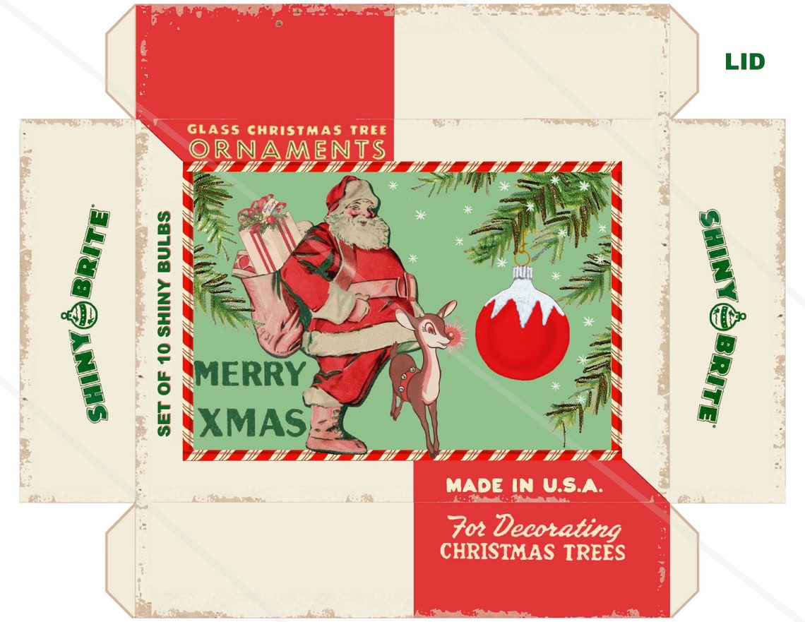Printable Retro Christmas Ornament Box for Gifts, DIY Vintage Box ...
