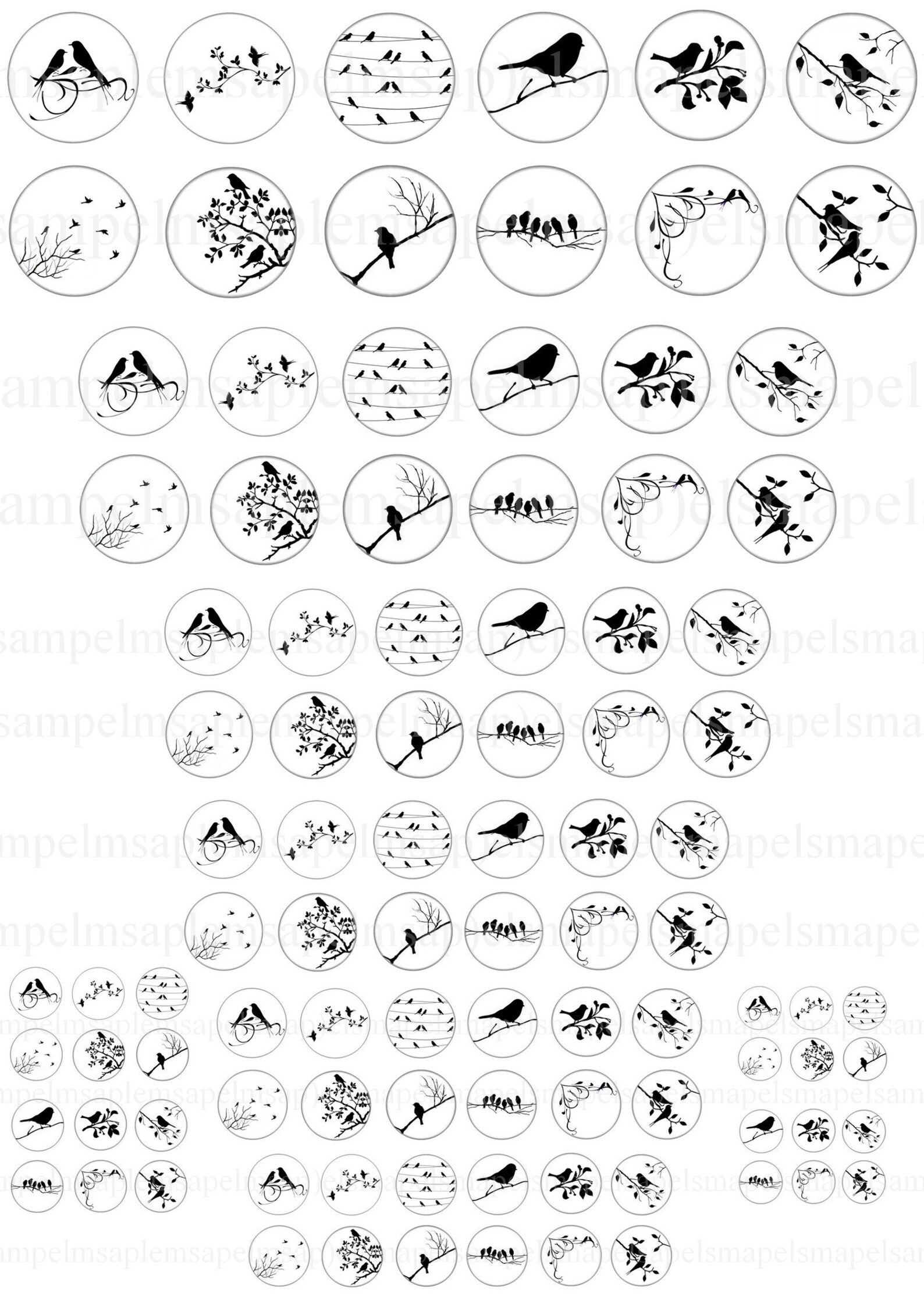 Digital Collage Sheet Circles Birds Sihouette Images for Bottle Cap ...