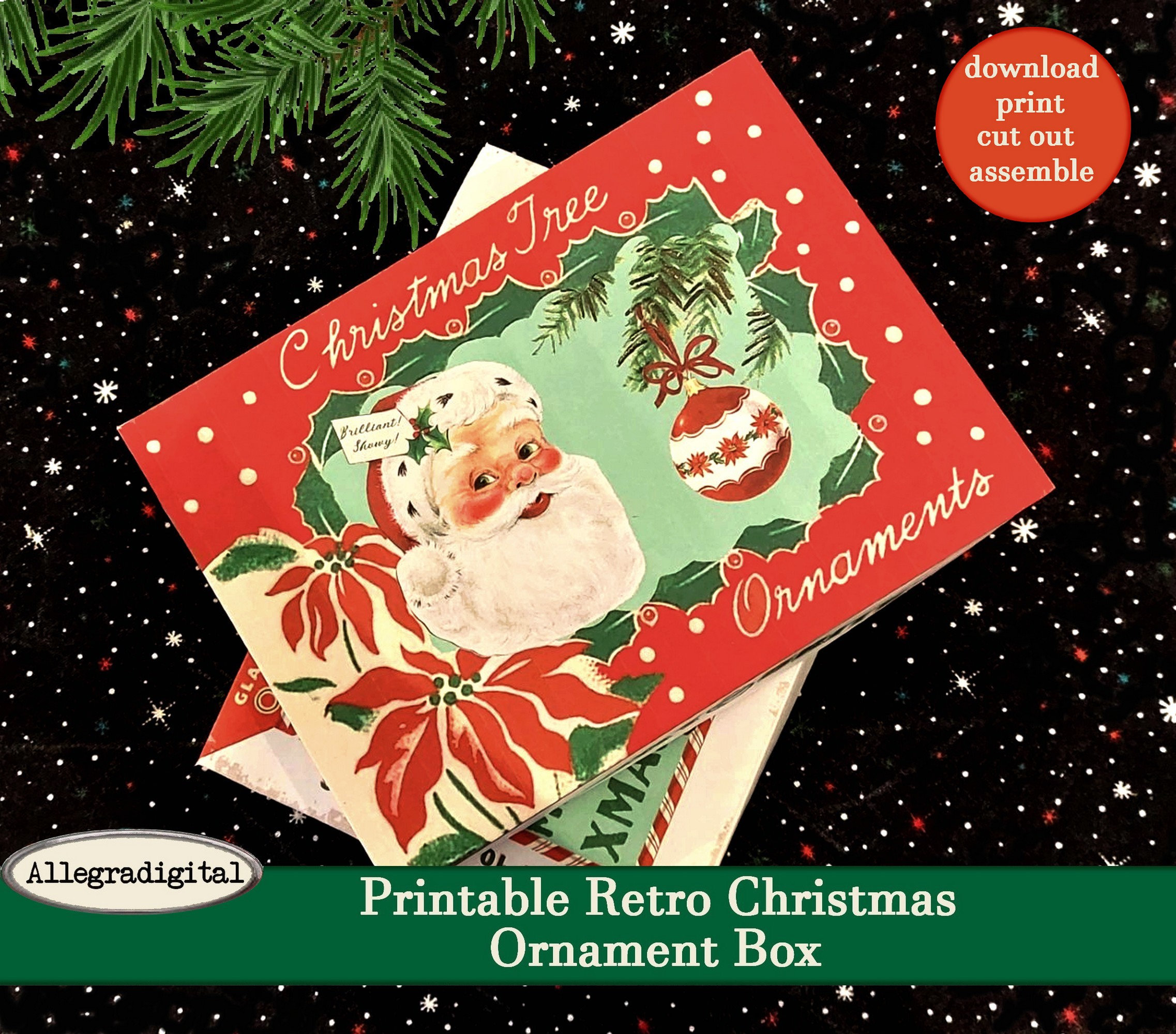 Printable Retro Christmas Ornament Box for Gifts, DIY Vintage Box ...