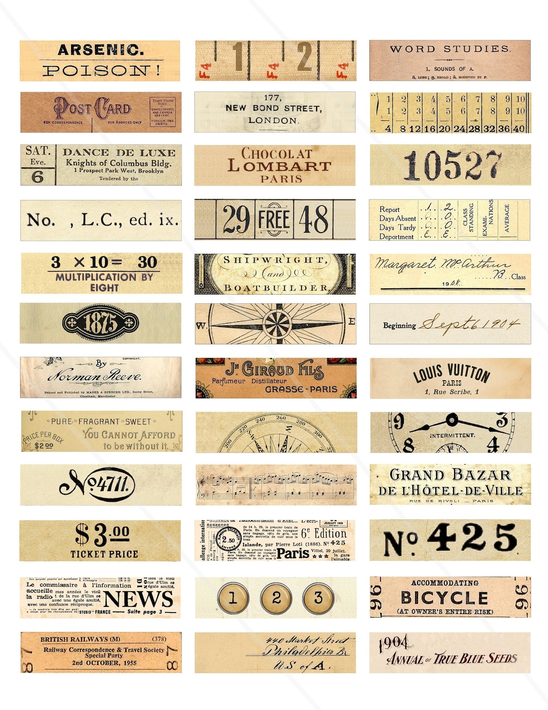 Vintage Number Labels Printable, Junk Journal, Tags, Random Numbers ...