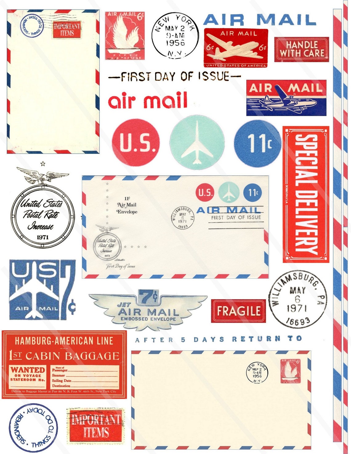 Vintage Air Mail Tags Labels Ephemera Clipart Postal Printable ...