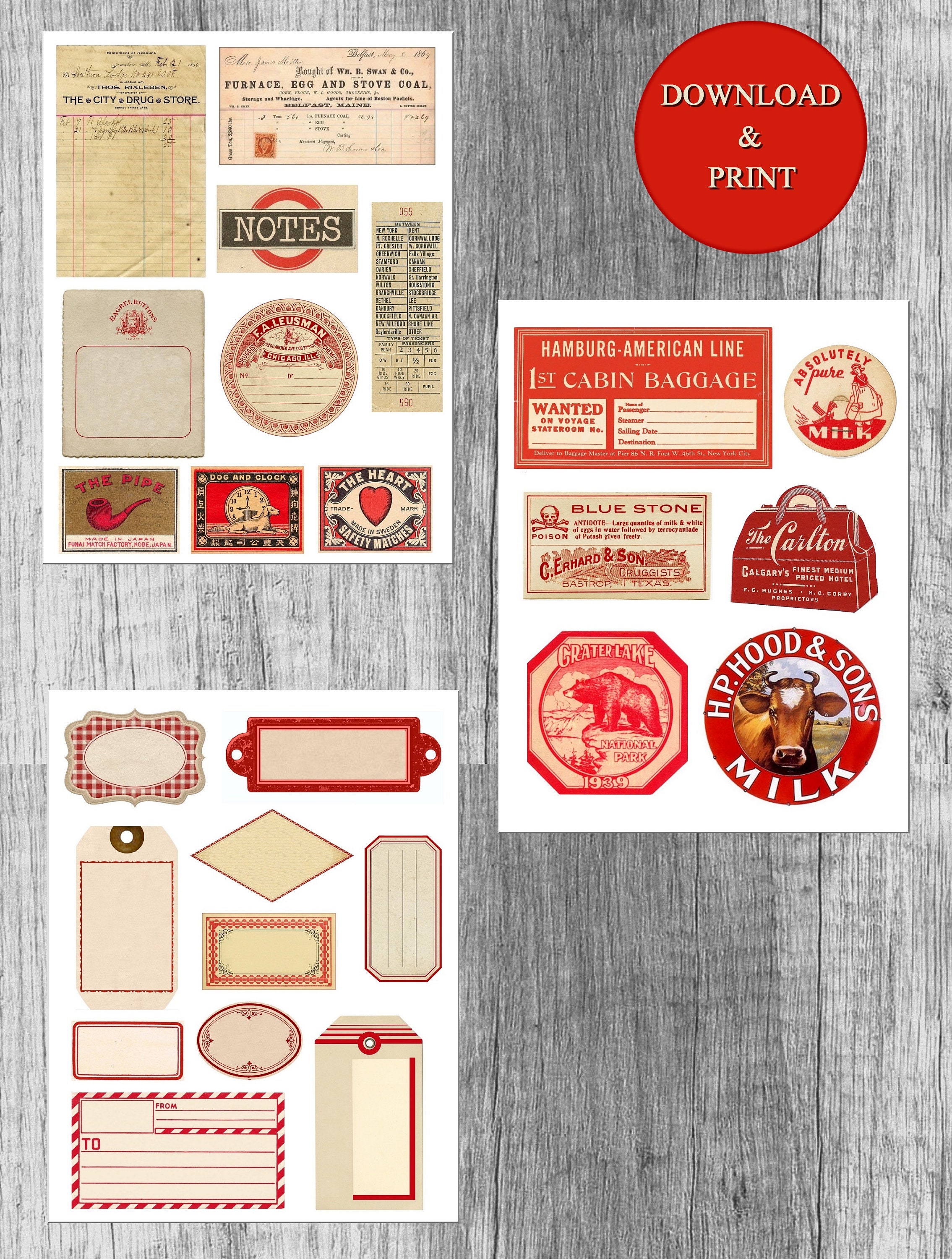 Red Ephemera Pack Instant Download, Printable, Digital Collage Diary ...