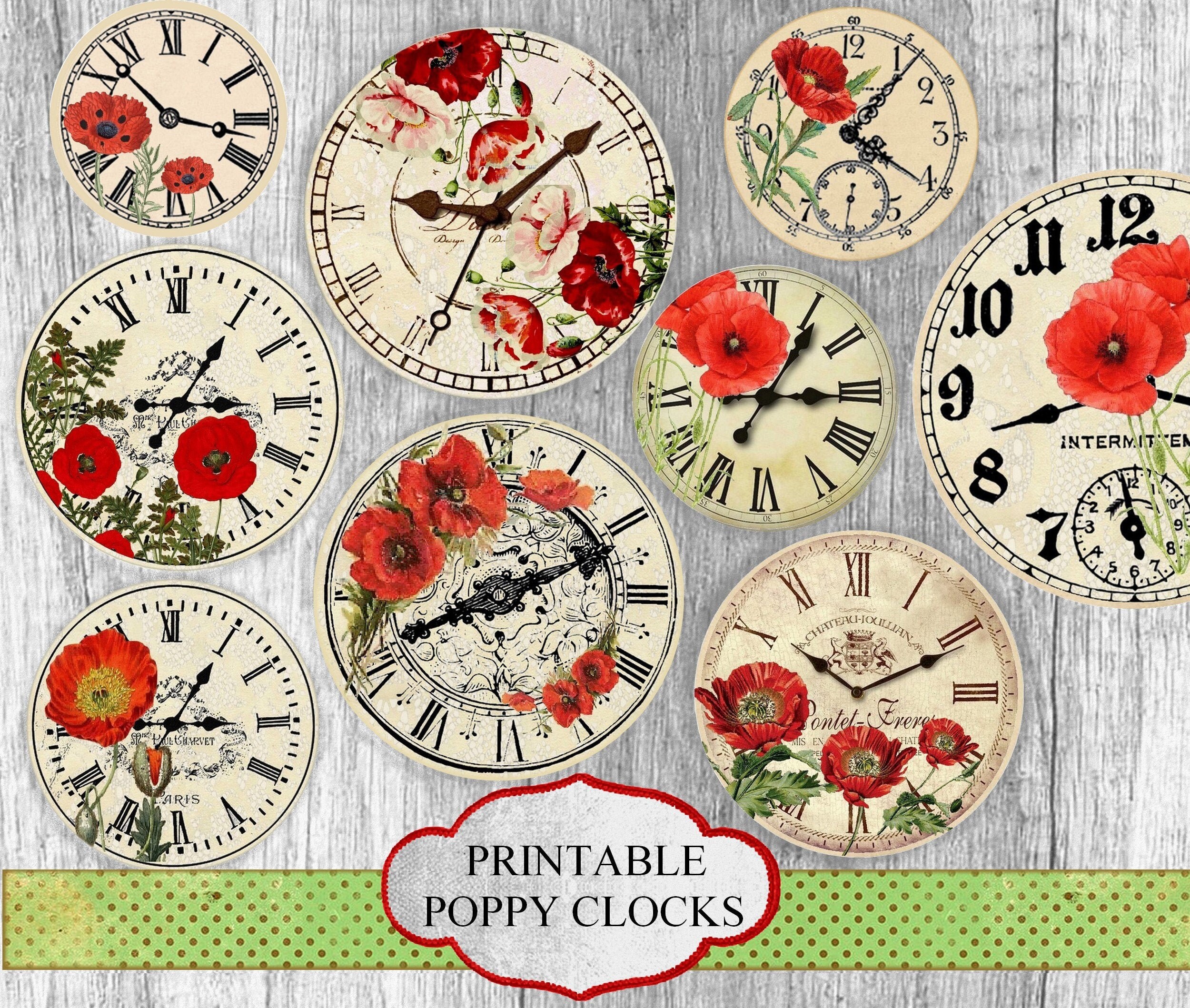 Poppies Clocks Junk Journal Kit Tags Ephemera Printable | Etsy