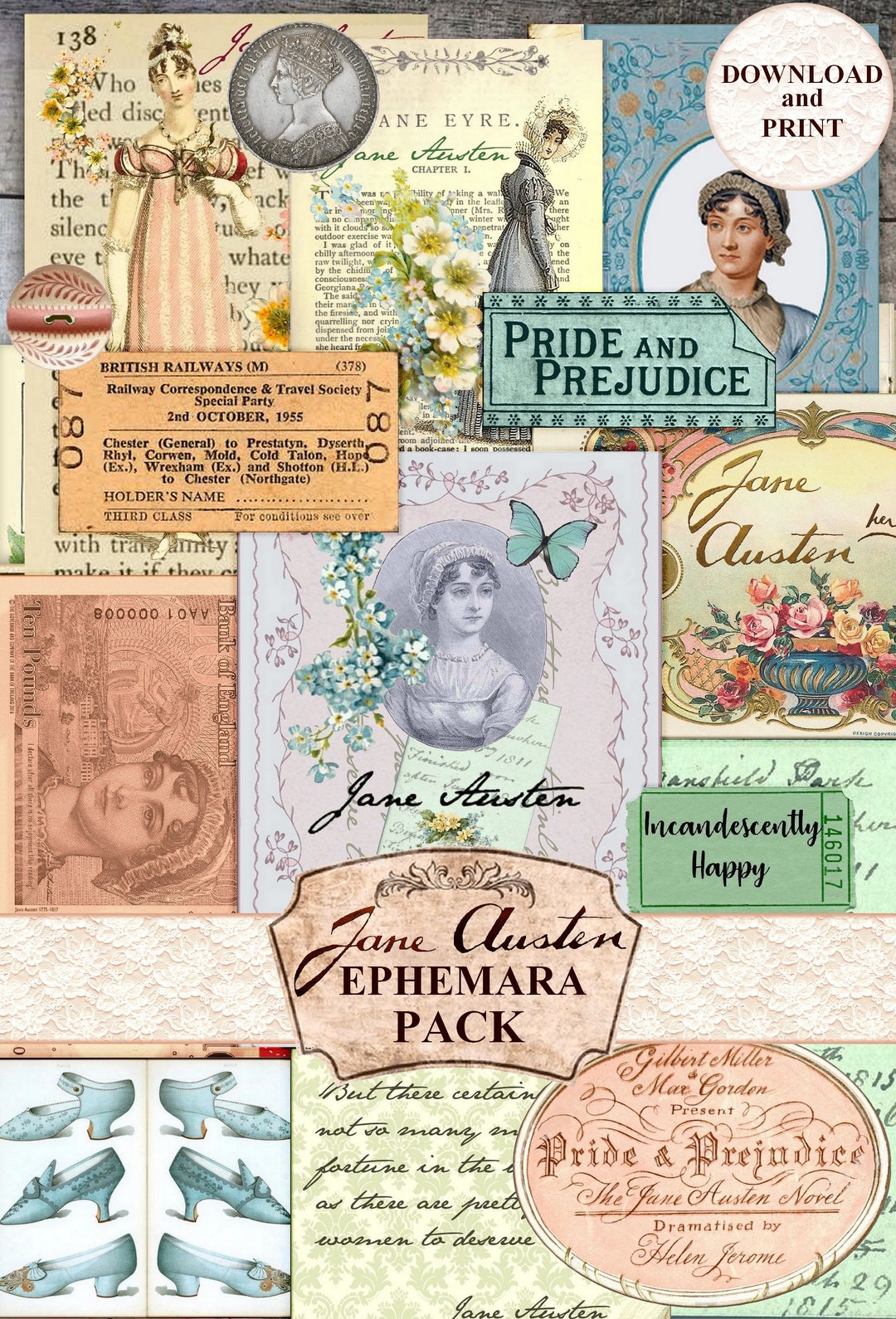Jane Austen Ephemera Kit – Printable Pride and Prejudice Junk Journal ...