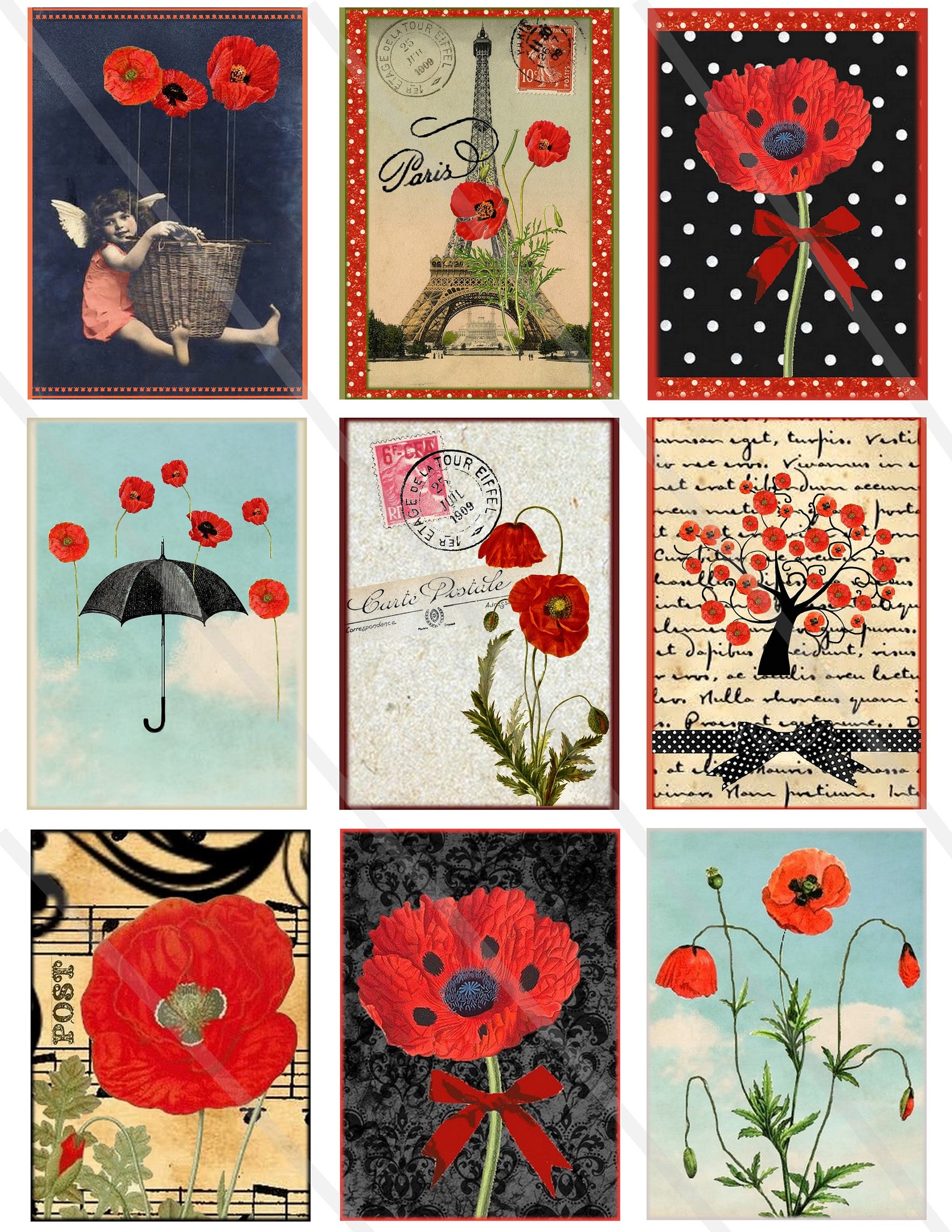 Vintage Poppies Digital Collage Sheet Greeting Vintage Poppy - Etsy