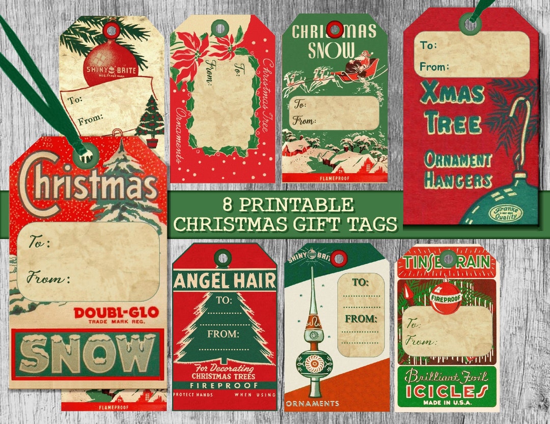 Retro Christmas Tree Gift Tags Printable Gift Tags Hang Tags Journaling ...
