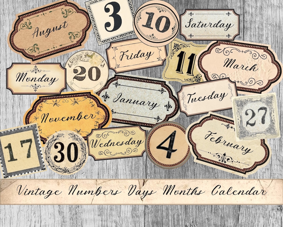 Vintage Calendar Numbers Labels, Days and Months Tags for Junk Journal ...