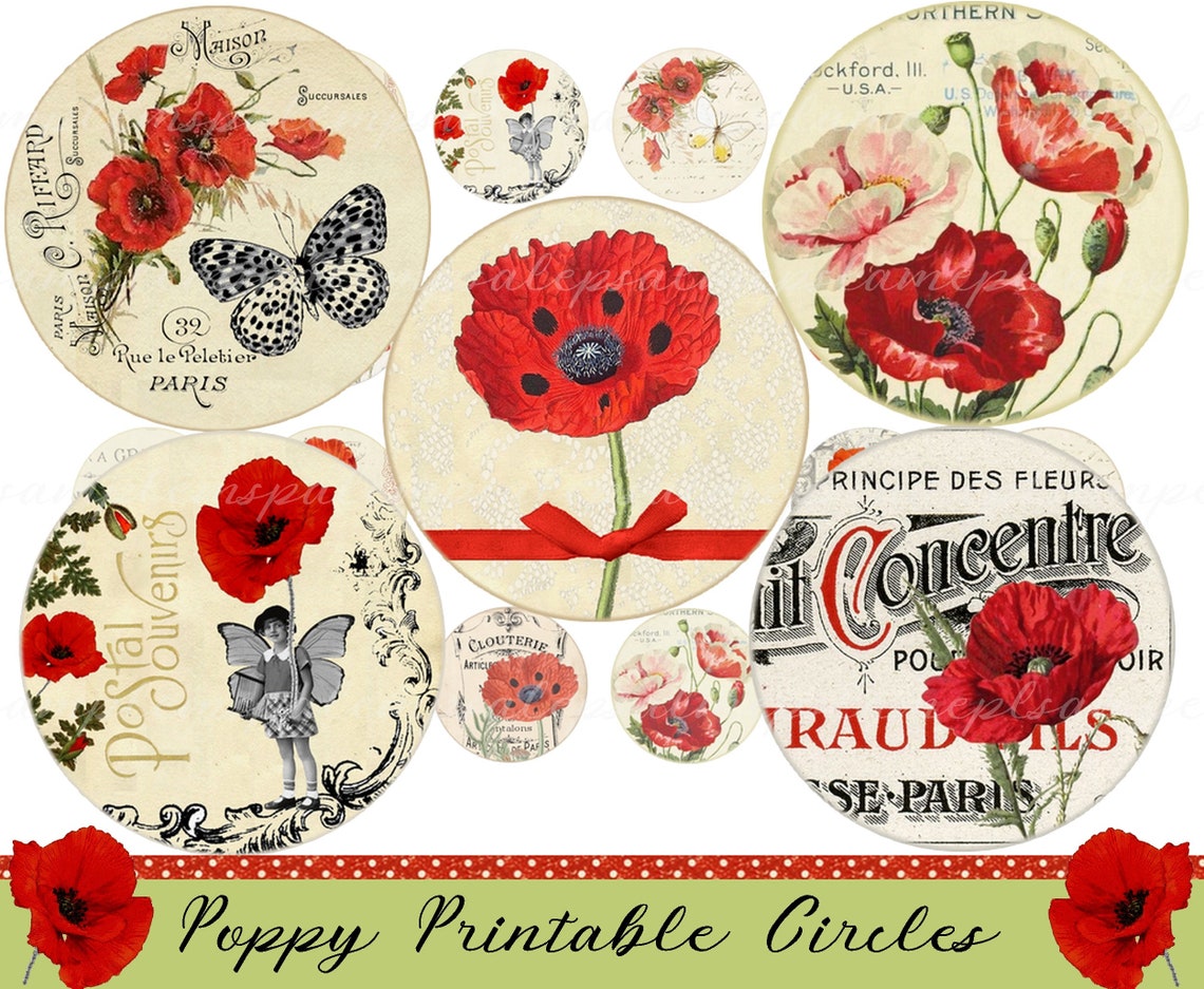 Poppy Digital Bottle Cap Poppies, Digital Collage Sheet Poppy, One Inch ...
