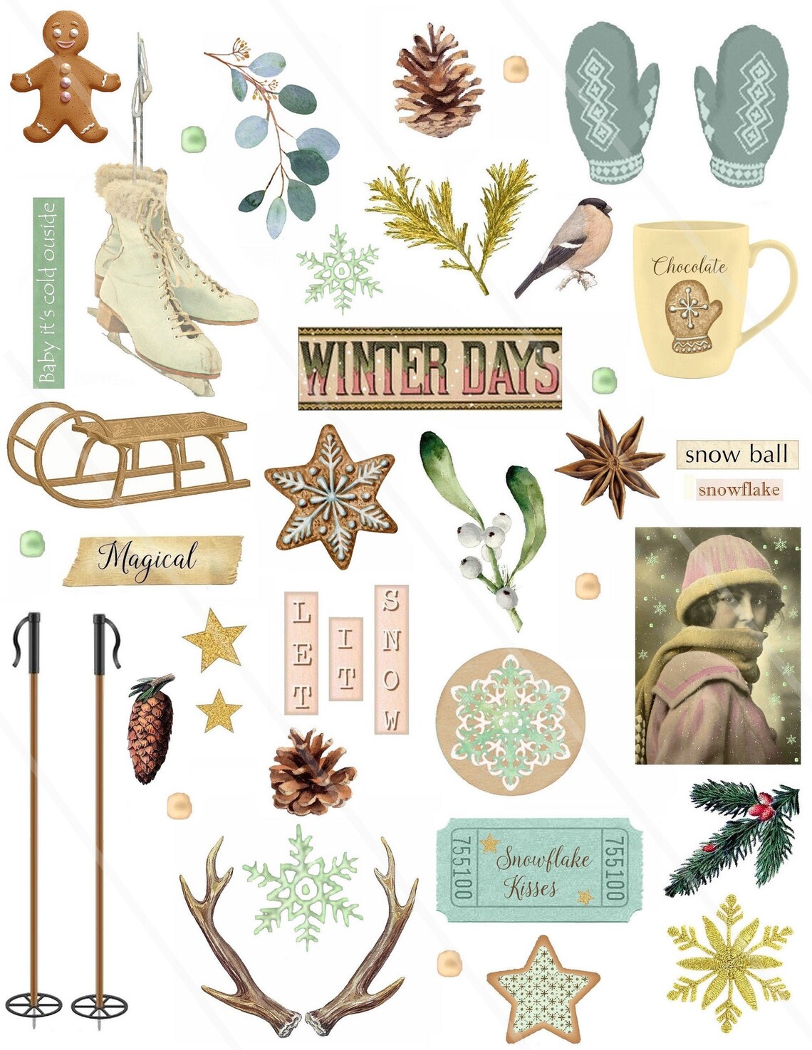 Winter Clipart Clip Art Digital Winter Collage Sheet | Etsy