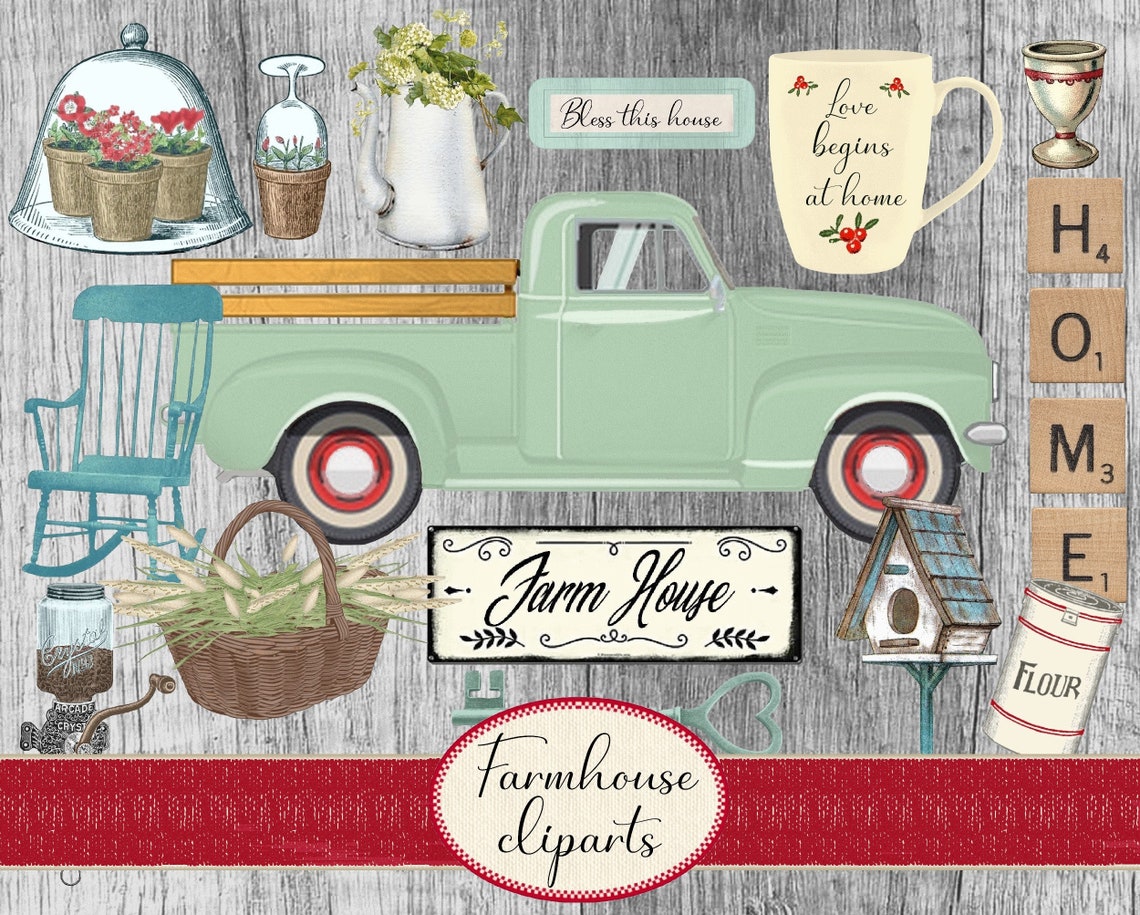 Vintage Farmhouse Decor Clipart - Digital Collage Sheets, Country and ...