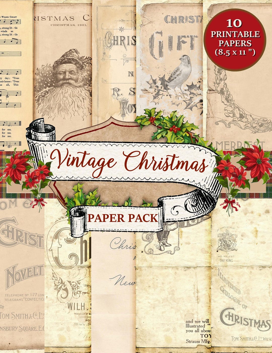 Printable Vintage Christmas Papers - Junk Journal Ephemera Kit - 10 ...