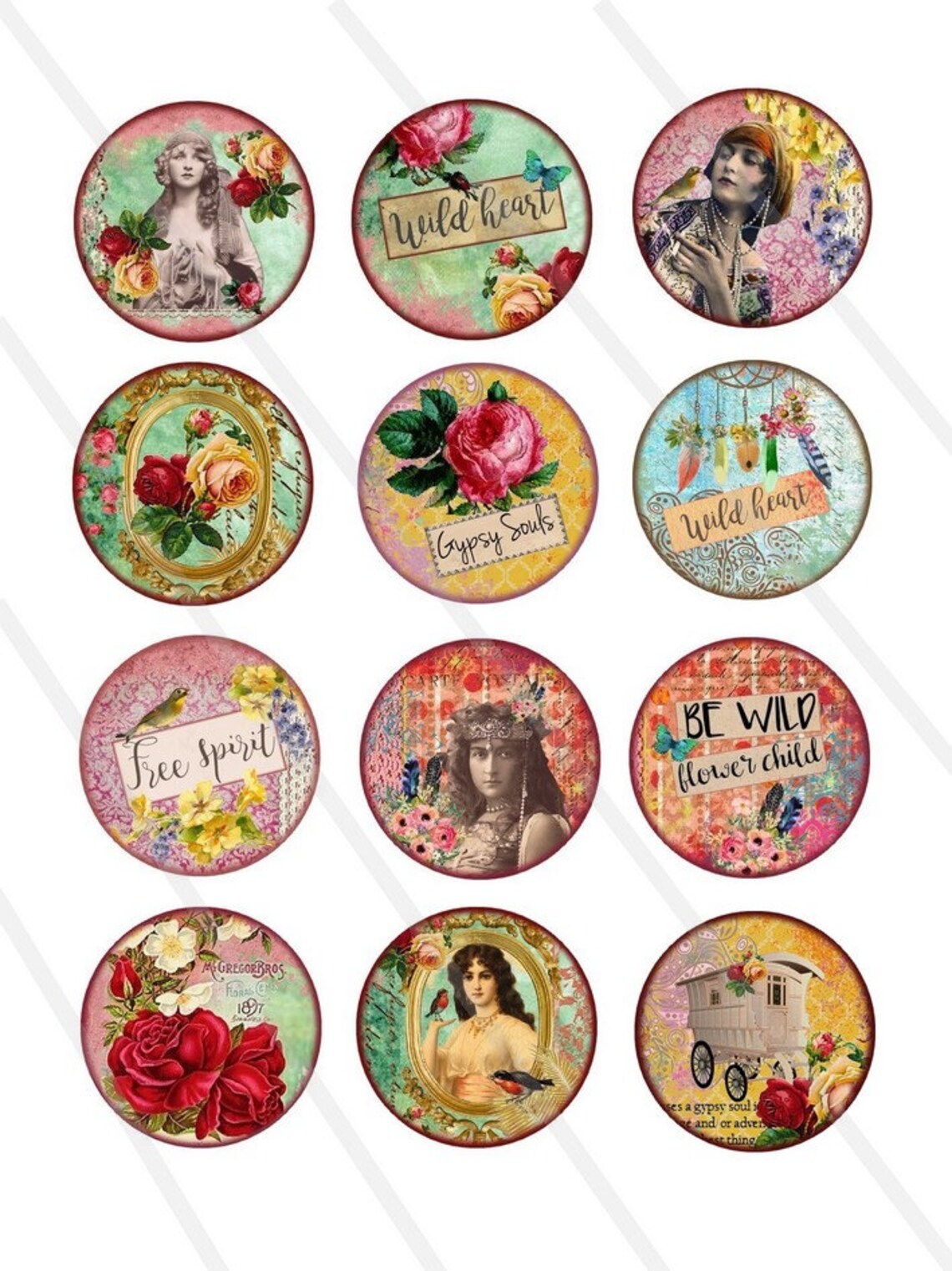 Digital Collage Sheet Circles Gypsy Love 1 Inch Circles Boho | Etsy