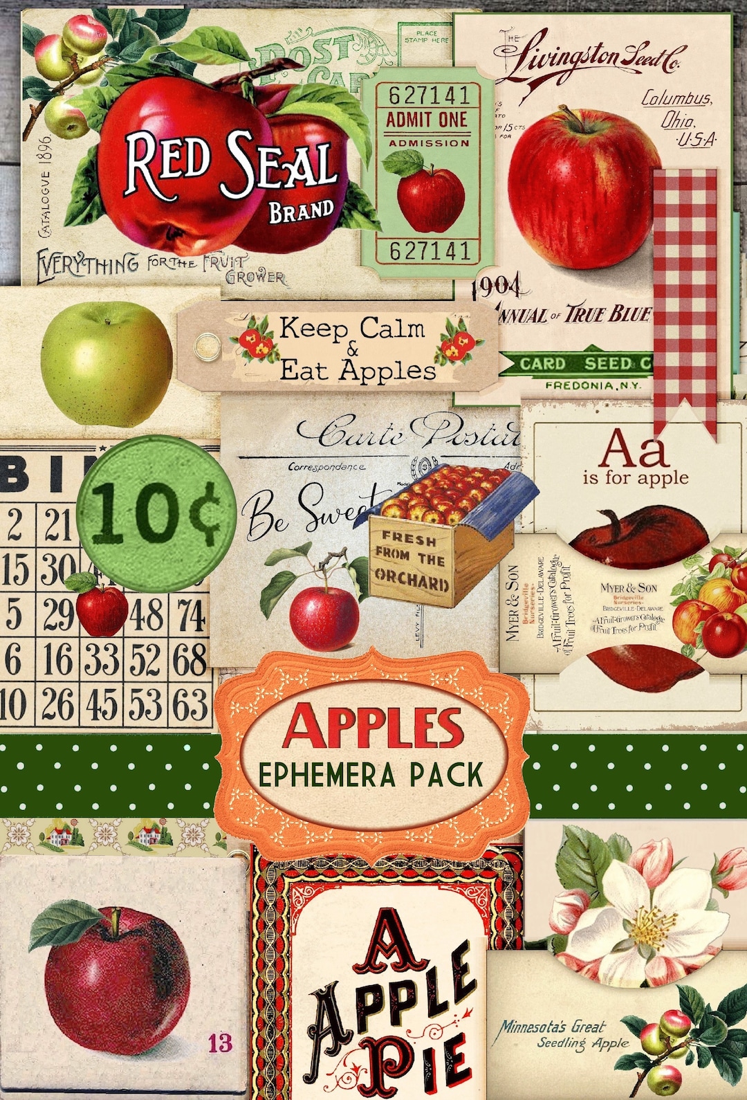 Apple Ephemera Pack, Apple Tree Digital Collage Sheets Fruit Garden ...