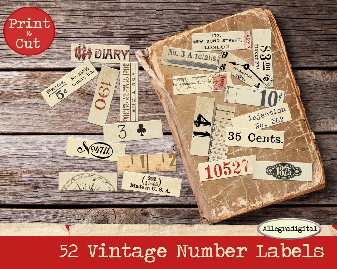 Vintage Number Labels, Junk Journal, Tags, Random Numbers ...