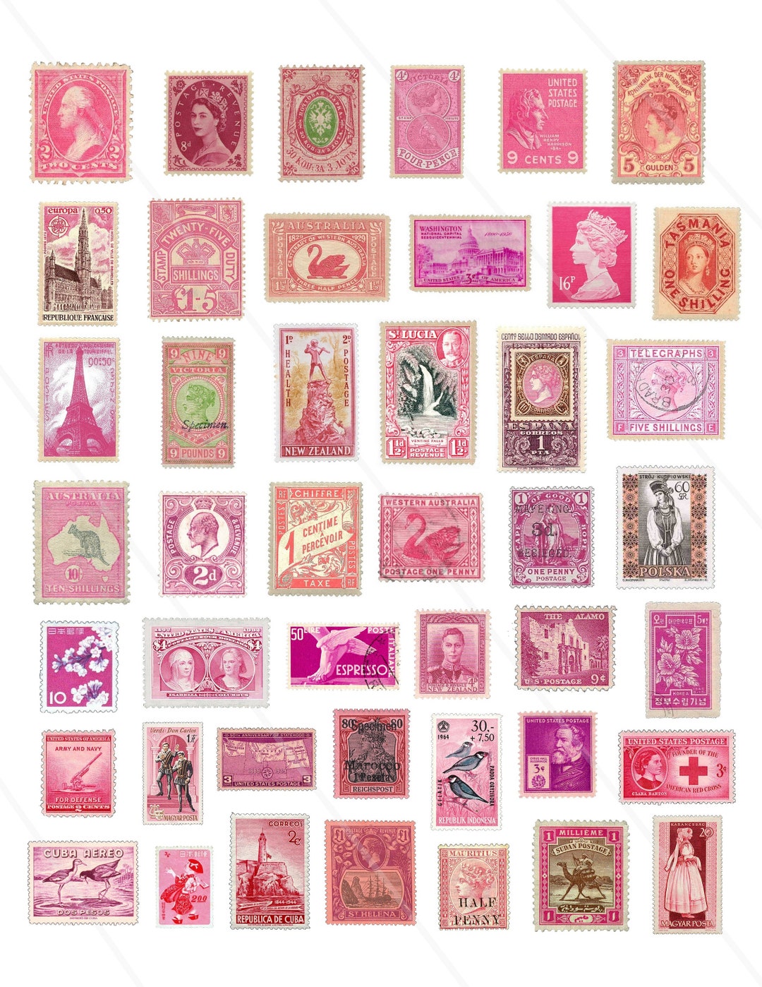 Vintage PINK Postage Stamps, Printable Old Postage Stamps Ephemera ...
