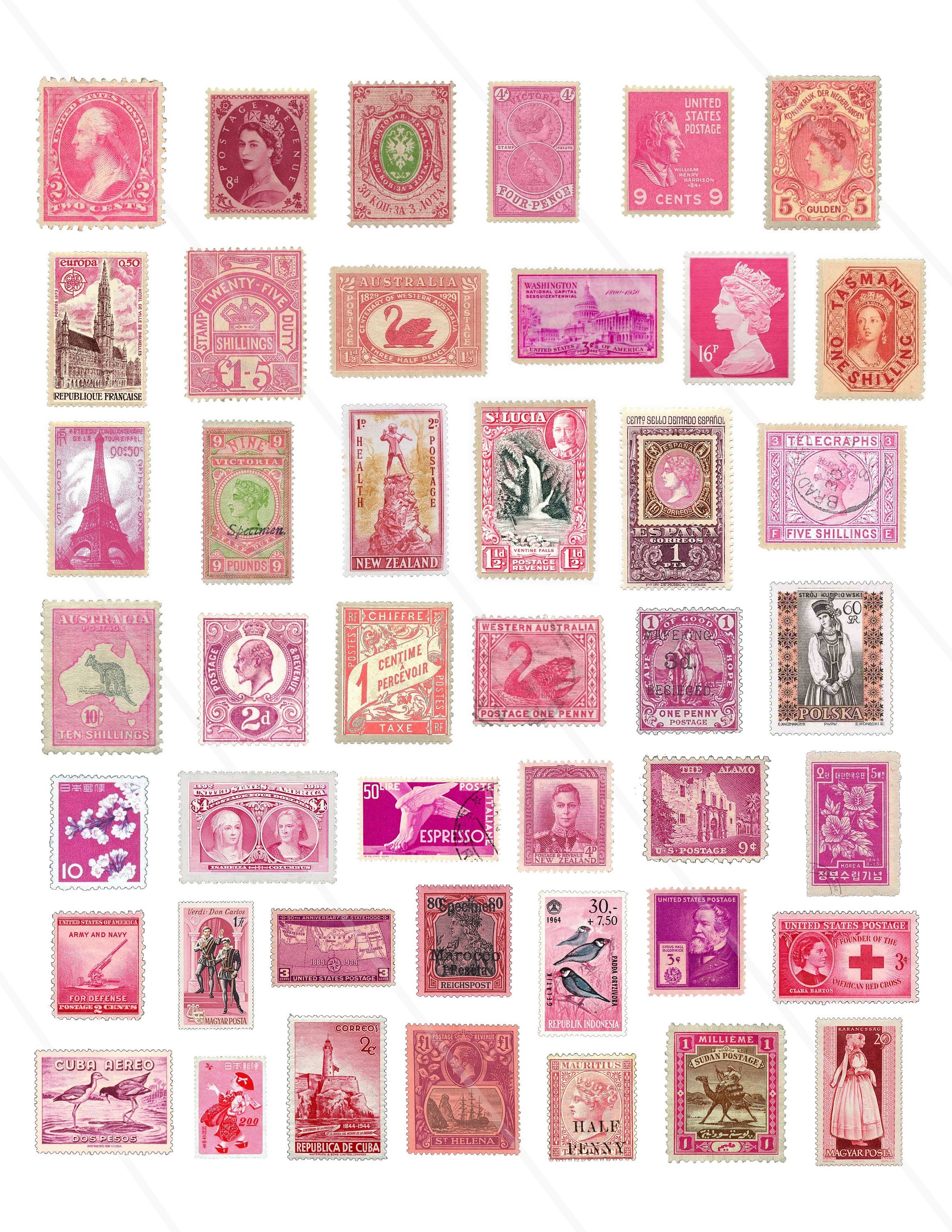 Vintage PINK Postage Stamps, Printable Old Postage Stamps Ephemera ...