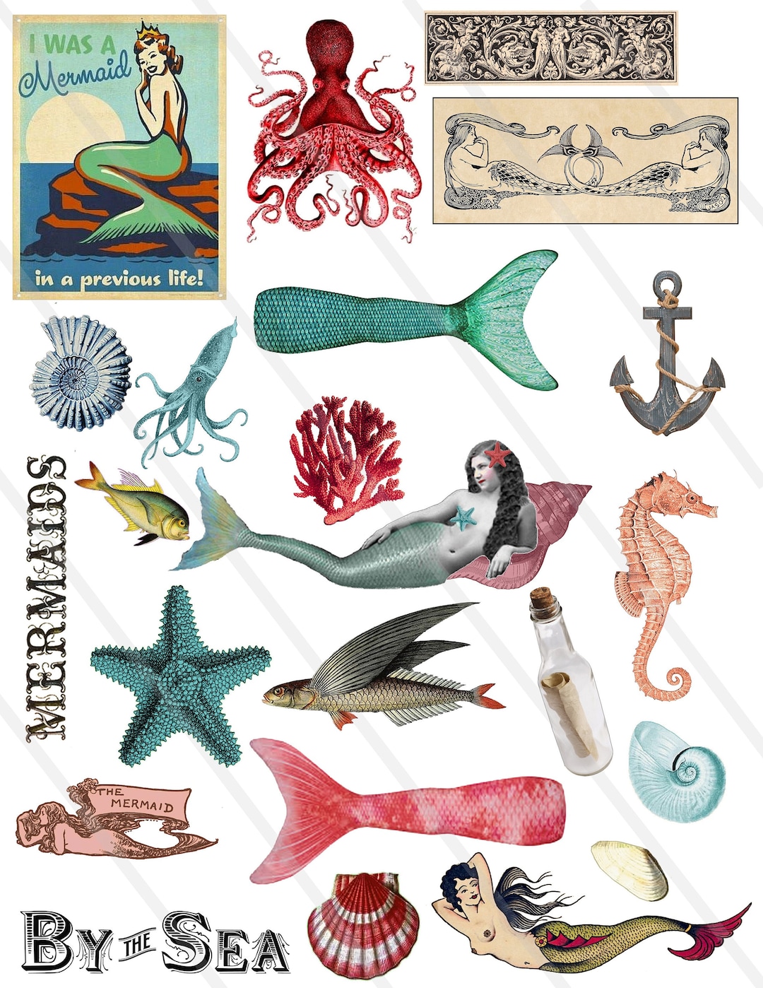 Altered Art Supply Mermaid Mermen Clipart Digital Collage Sheet Beach ...