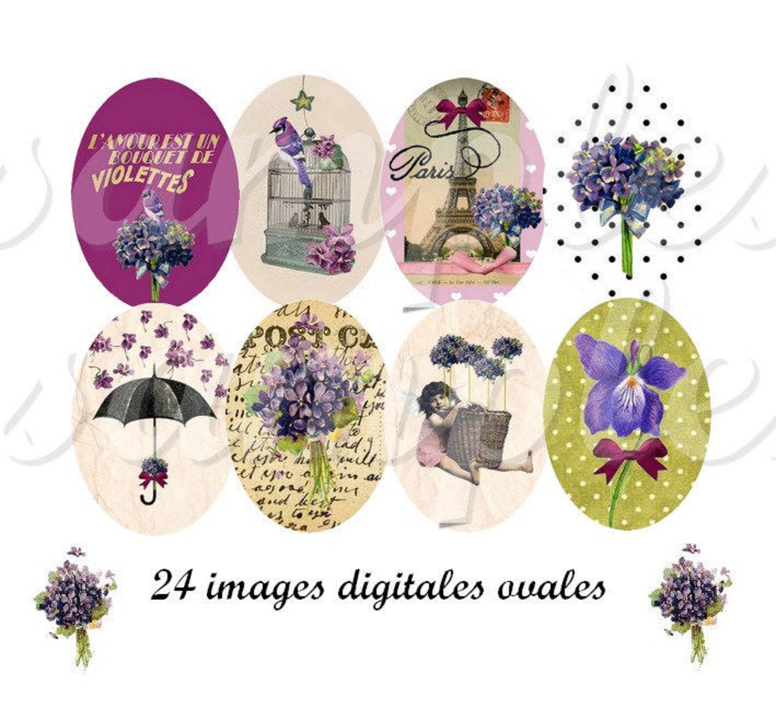Digital Collage Sheet Oval Vintage Violets Flowers Oval Cabochon, Oval ...