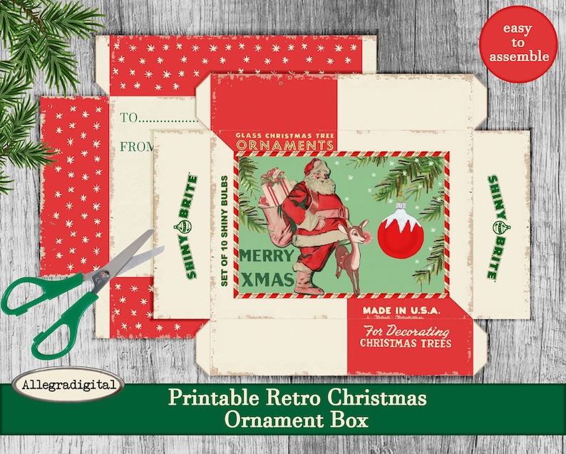 Printable Retro Christmas Ornament Box for Gifts, DIY Vintage Box ...