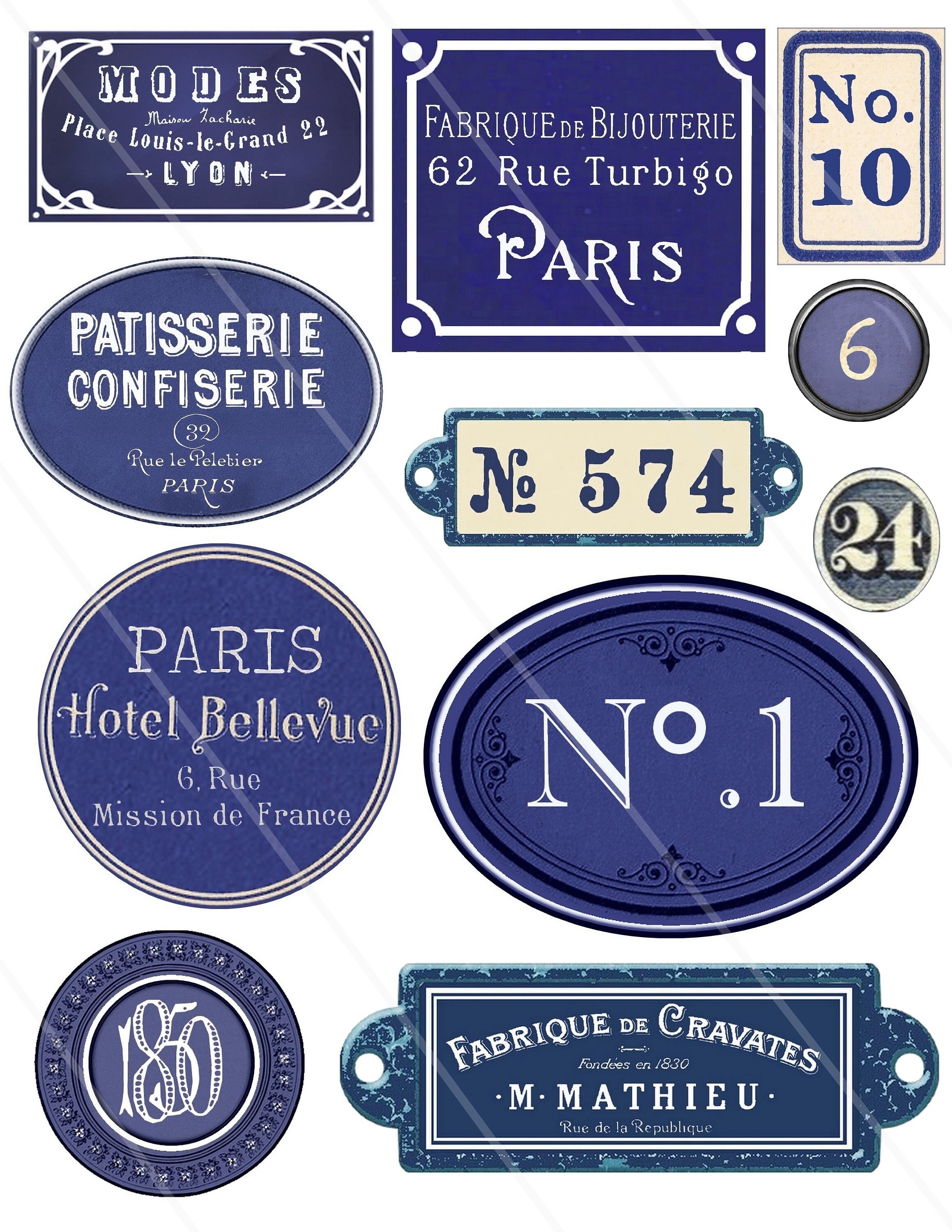 French Blue Signs Labels Printable Digital Collage Sheet Blue | Etsy