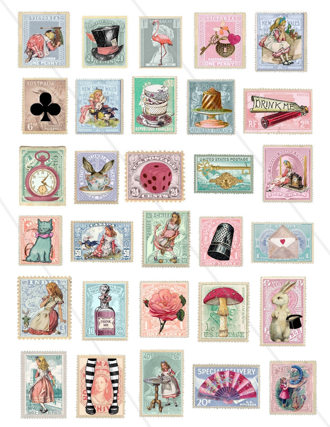 Printable Stamps Alice in Wonderland Ephemera, Junk Journal Supplies ...