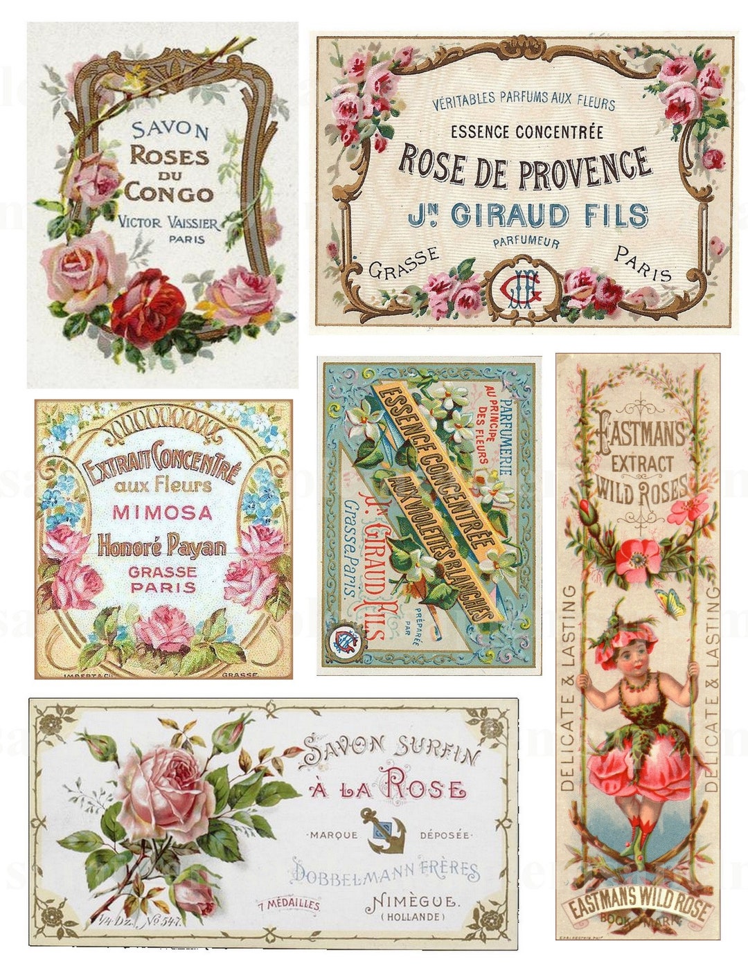 Vintage French Perfume Digital Collage Sheet Cologne Labels, 7 Labels ...