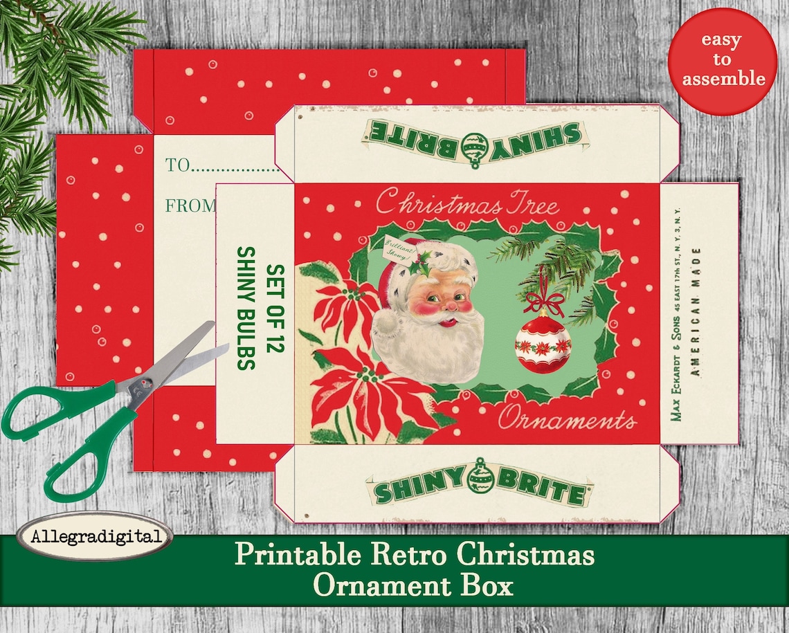 Printable Retro Christmas Ornament Box for Gifts DIY Vintage - Etsy