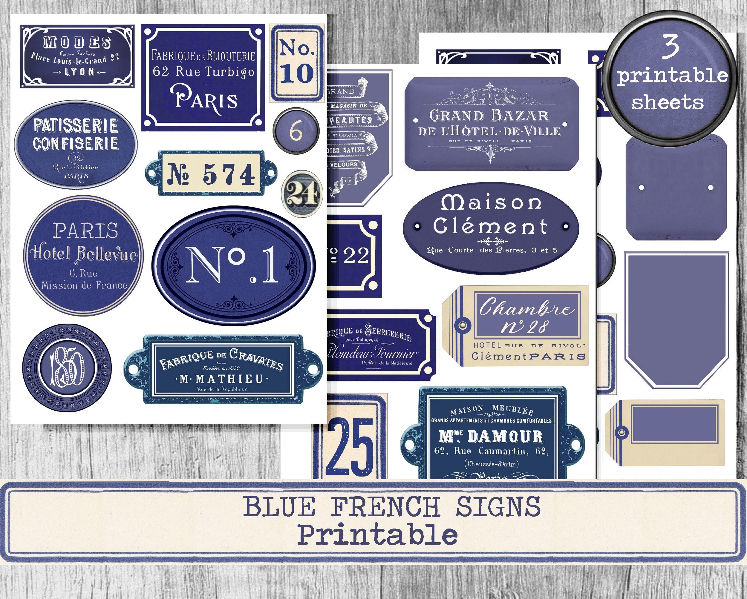Vintage French Blue Signs and Labels – Printable Paris Street Sign ...
