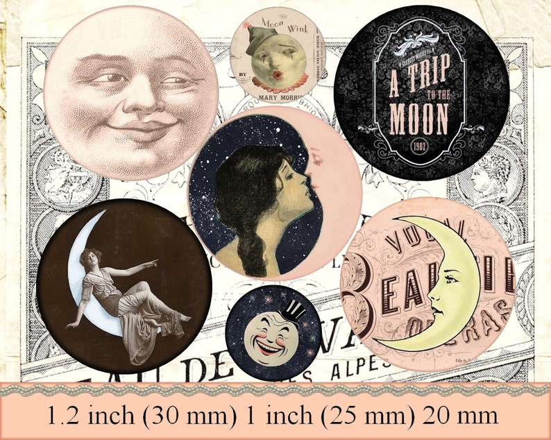 Vintage Moon Digital Collage Sheet 1 Inch Circles Printable - Etsy