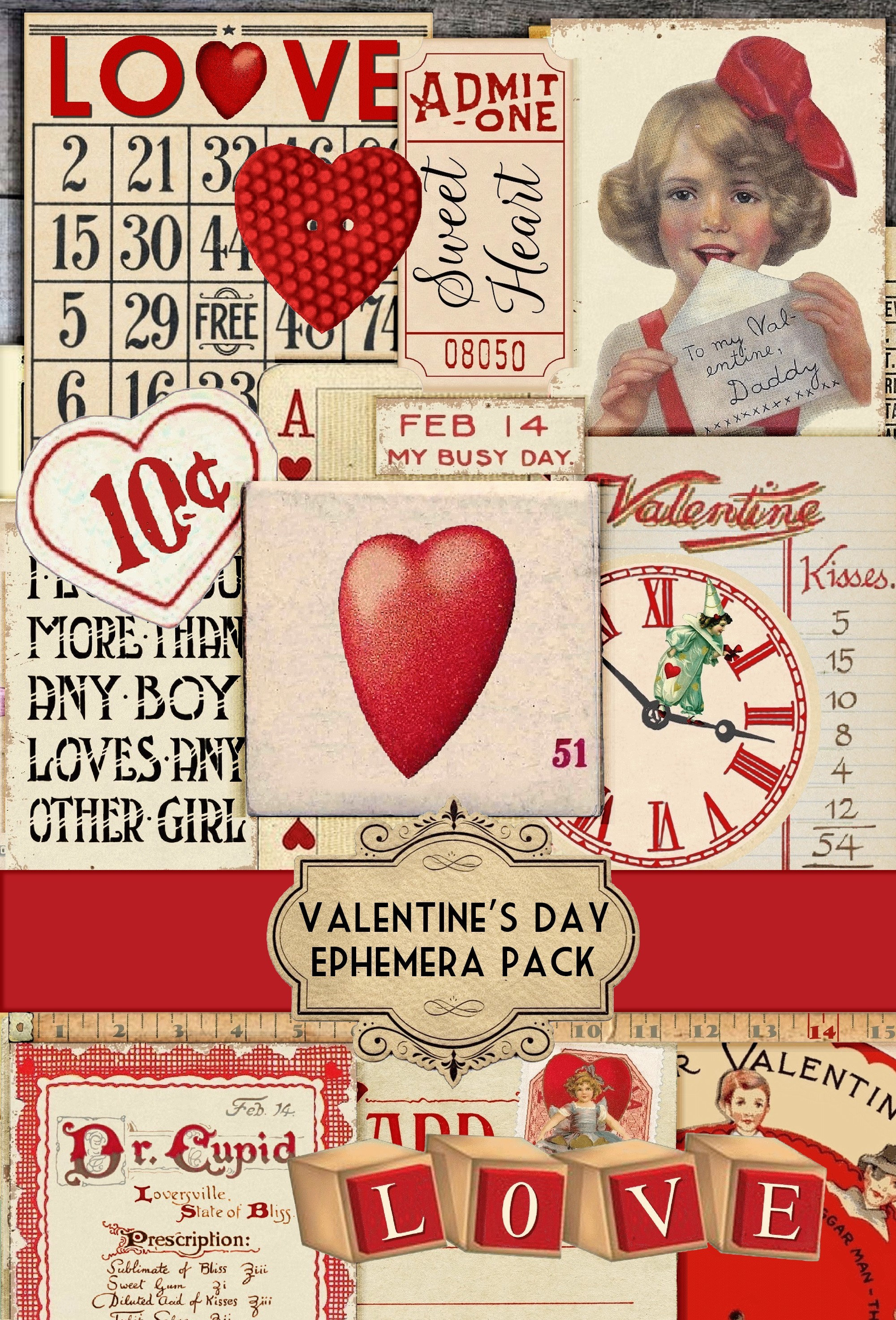 Vintage Valentine's Day Digital Ephemera for Crafts, Junk Journal Love ...