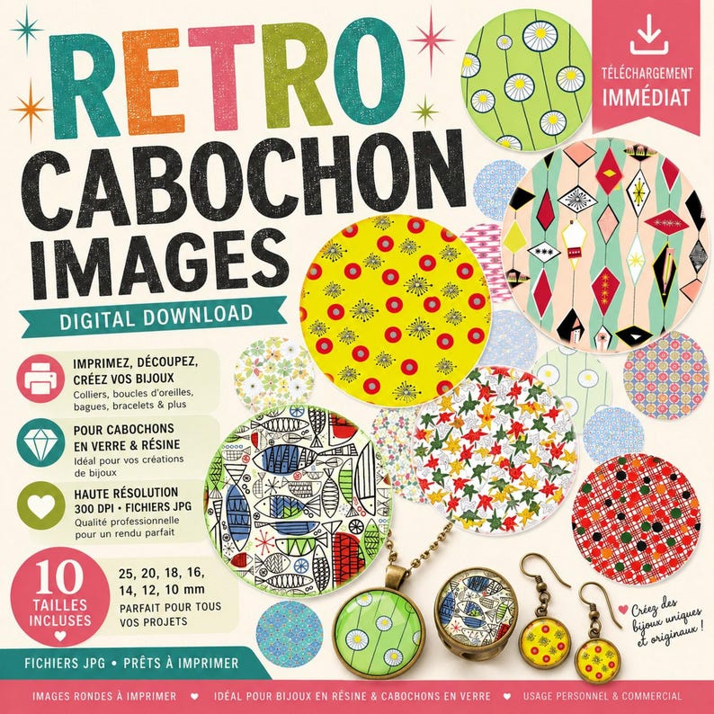 Retro Cabochon Images Digital Download, Mid Century Modern Jewelry ...