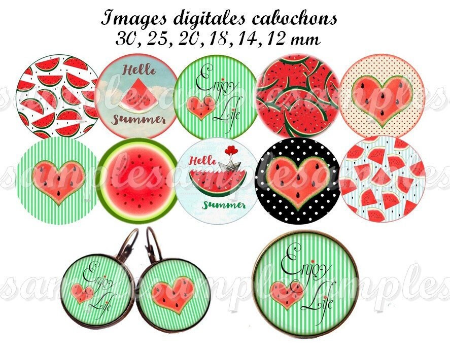 Digital collage sheet circles watermelon summer printable | Etsy