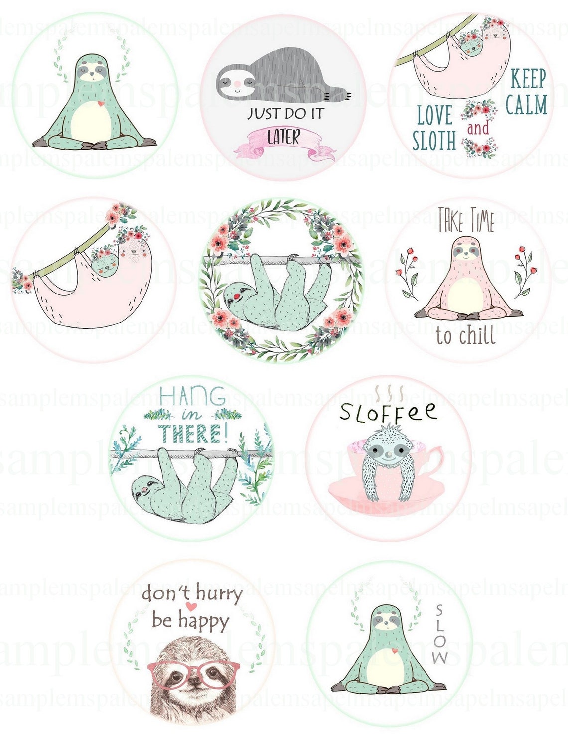 Sloth Digital Collage Sheet Circles 2.5 Inch Circles Sloth - Etsy