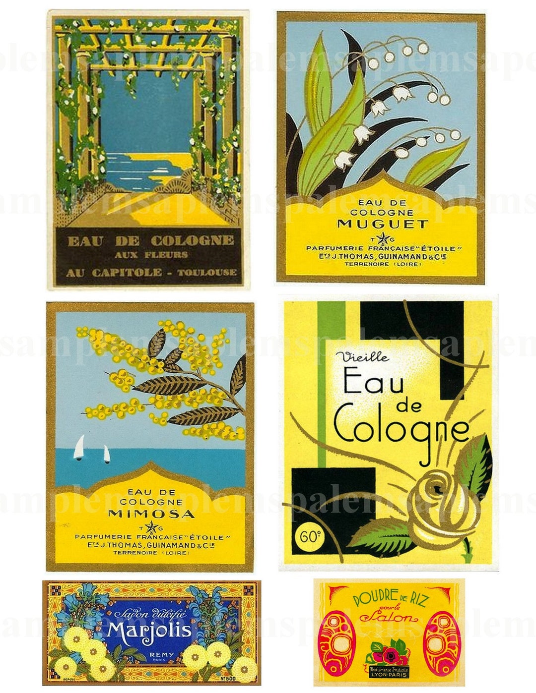 French Perfume Cologne Labels Yellow, Digital Sheet, 6 Labels, Vintage ...