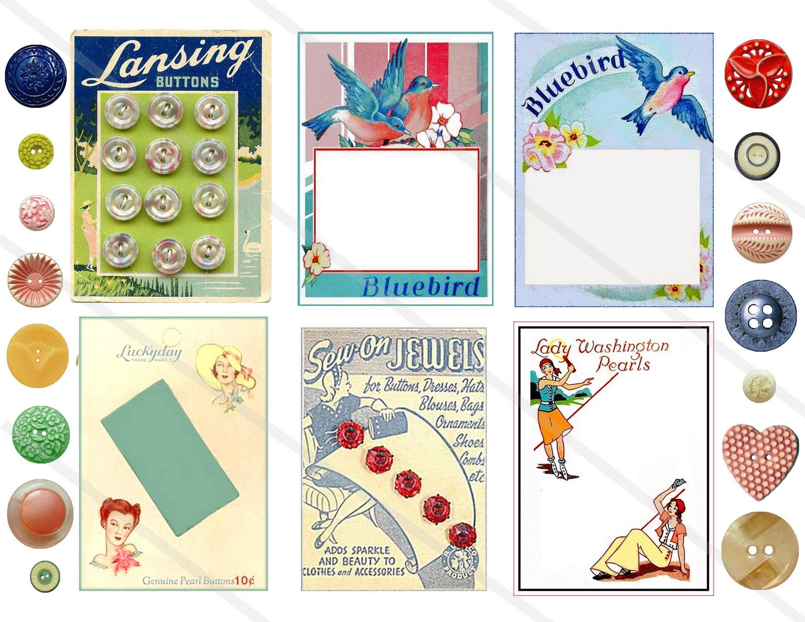 Printable Vintage Retro Buttons Cards Sewing Ephemera Junk | Etsy
