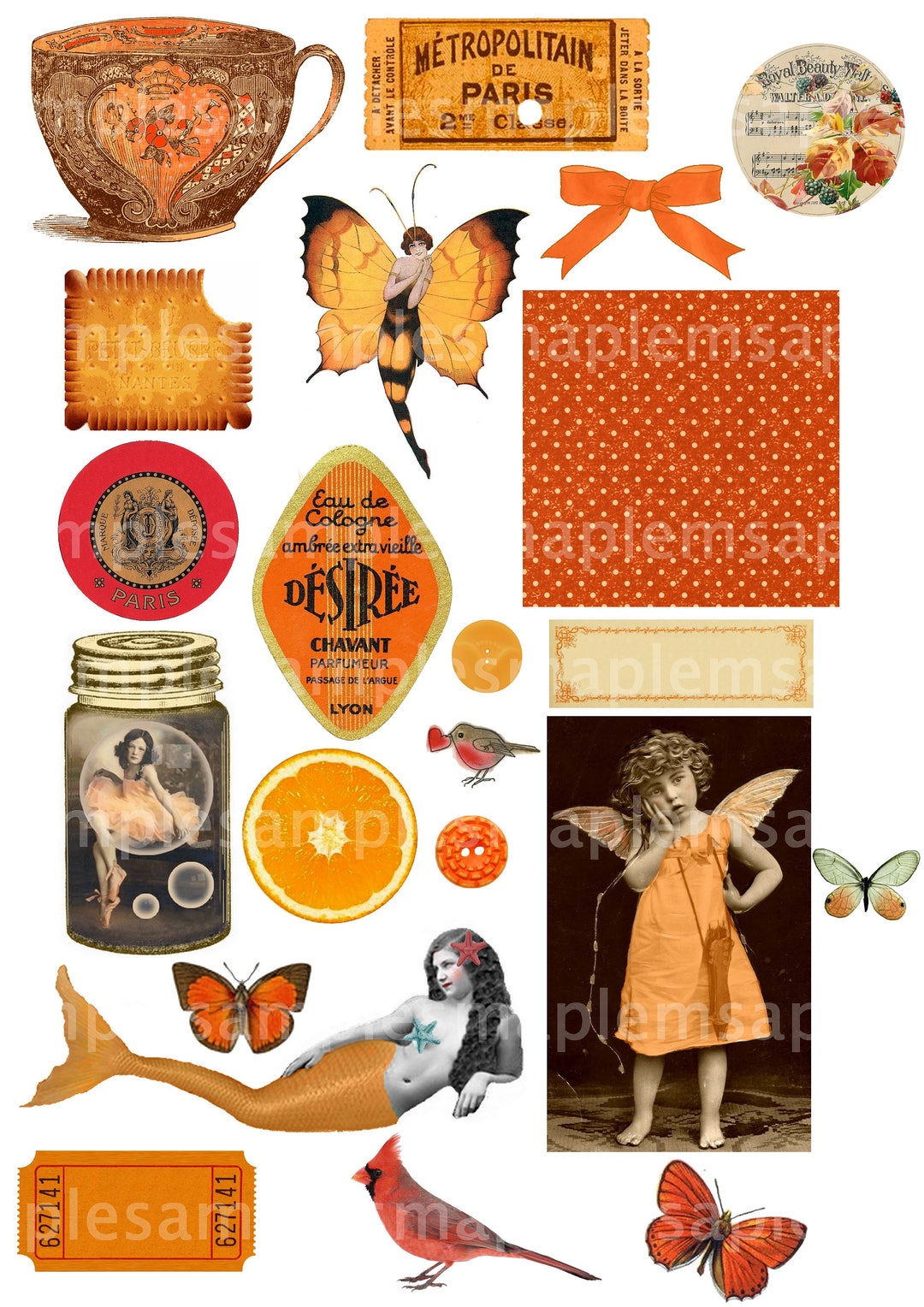 Ephemera Digital Collage Sheet, Pretty in Orange Images Instant ...