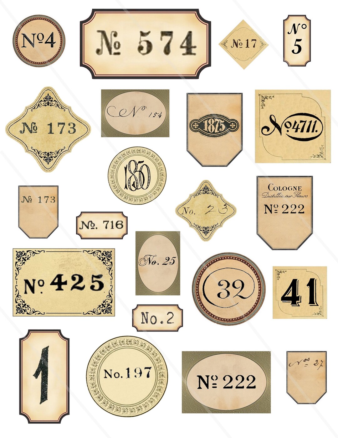 Vintage Number Labels, Junk Journal, Tags, Random Numbers ...
