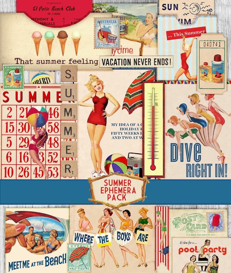 Vintage Summer Beach Digital Collage Pack, Retro 50s/60s Ephemera and ...