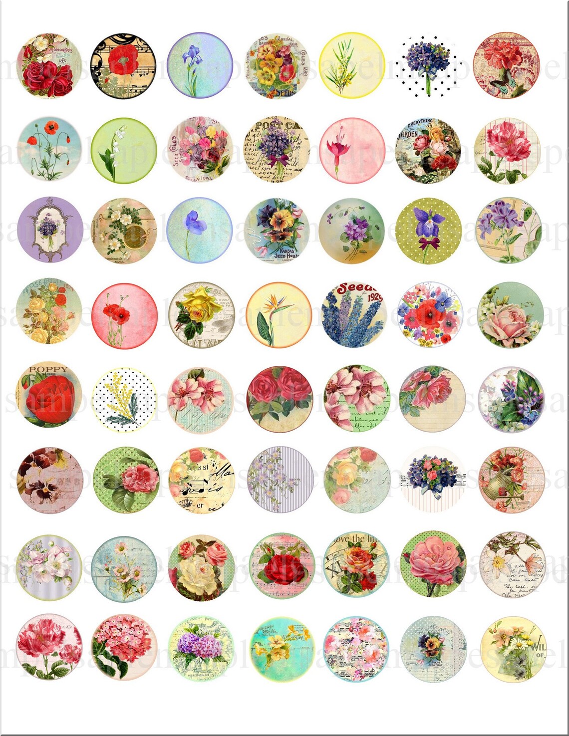Vintage Flowers Circles 1 Inch Flowers Roses Shabby - Etsy