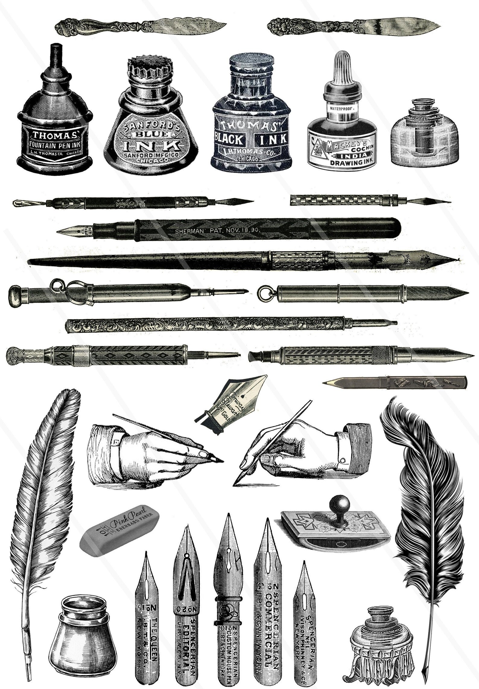 Vintage Pens Clip Art Digital Collage Sheet - Fountain Pen, Quill ...