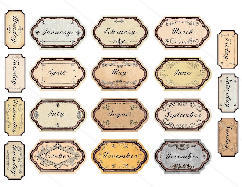Vintage Calendar Numbers Labels Days and Months Tags for Junk - Etsy