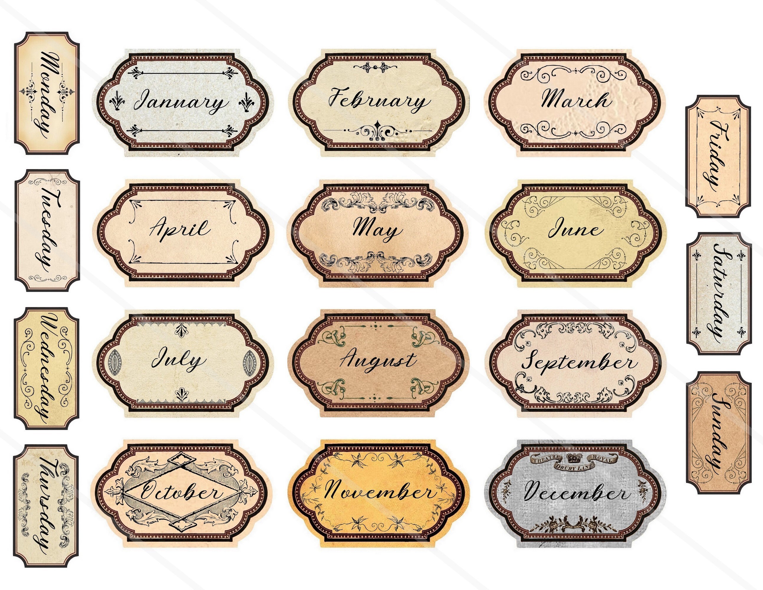 Vintage Calendar Numbers Labels Days and Months Tags for Junk - Etsy Canada