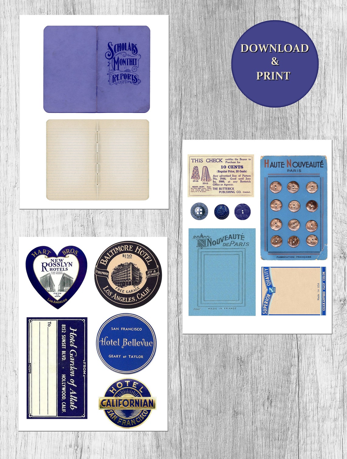 Blue Ephemera Pack Instant Download, Printable, Digital Collage, Diary ...