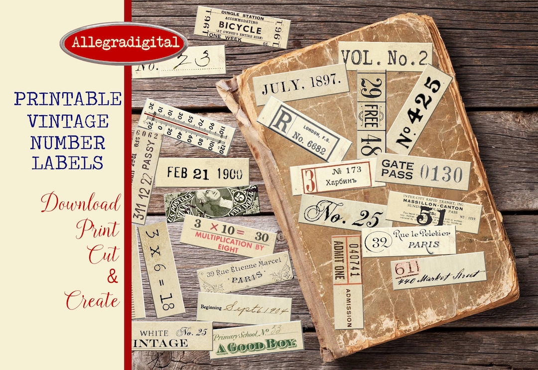 Vintage Number Labels, Junk Journal, Tags, Random Numbers ...